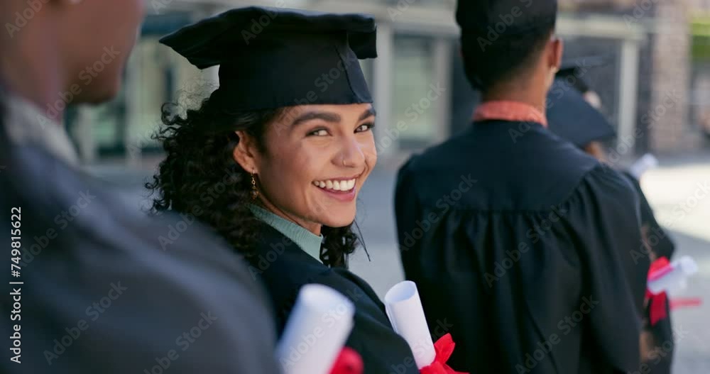 Happy, graduation and face of woman with students at university in line ...