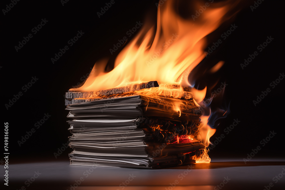 Newspapers in fire. Books and magazines on fire on black background ...