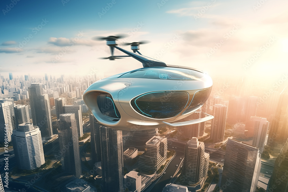 Flying car in sky. Electric air car flight above a cityscape. Future ...