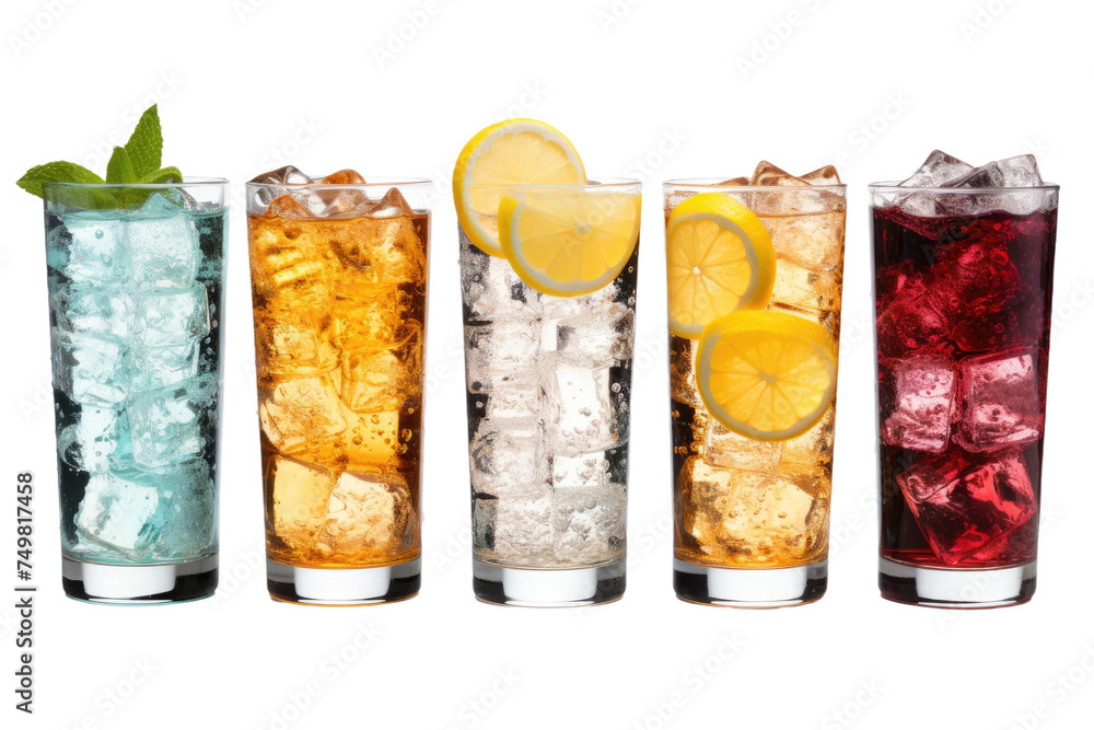 Assorted Drinks in Row of Glasses. A row of glasses filled with various ...