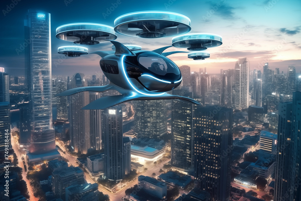 Ilustração do Stock: Flying car in sky. Electric air car flight above a ...