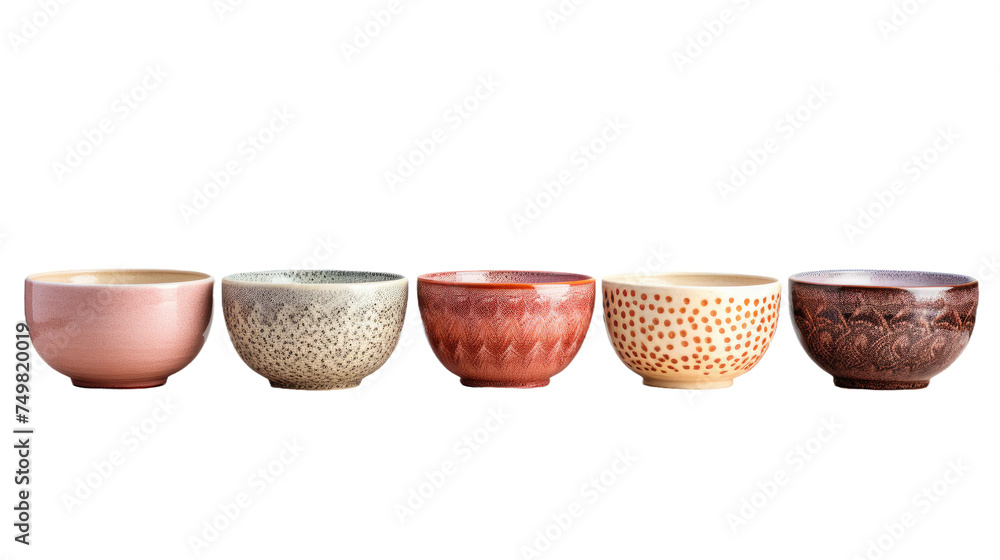 Set of Five Bowls Arranged in a Row. Five bowls made of ceramic or ...
