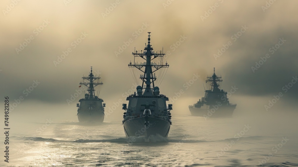 Naval fleet on strategic patrol in misty ocean waters exhibiting ...