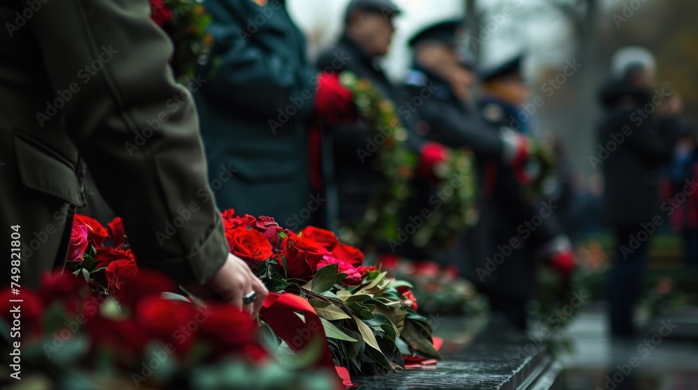 Veterans paying respects with red roses on memorial day. Solemn ...