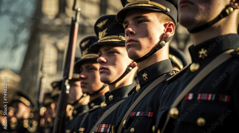 Uniformed military men standing in formation at ceremonial event ...