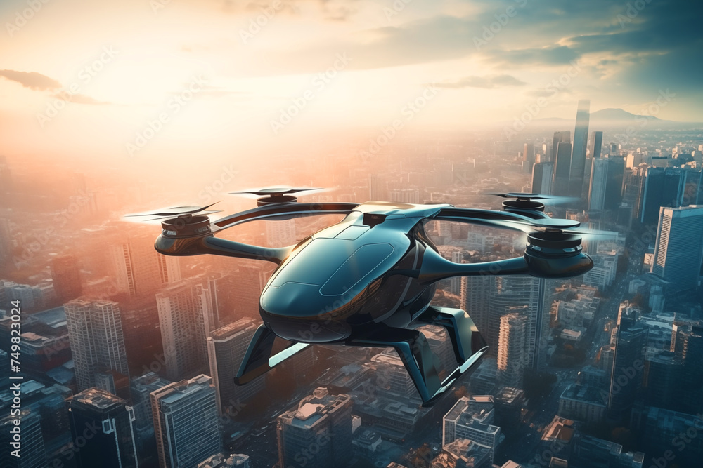 Flying car in sky. Electric air car flight above a cityscape. Future ...