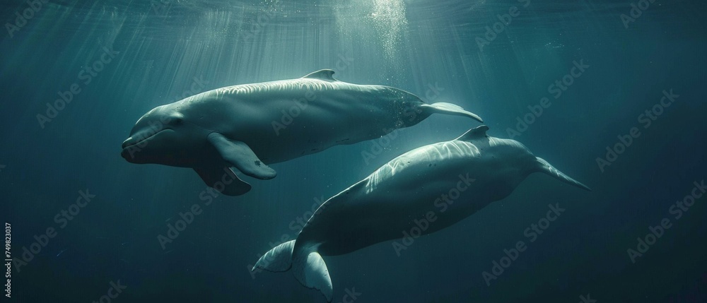 Beluga whales under the Arctic light, mystical underwater dance Stock ...