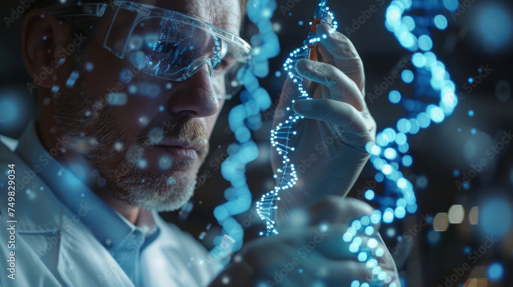 Scientist in lab coat and protective goggles examining a DNA helix ...