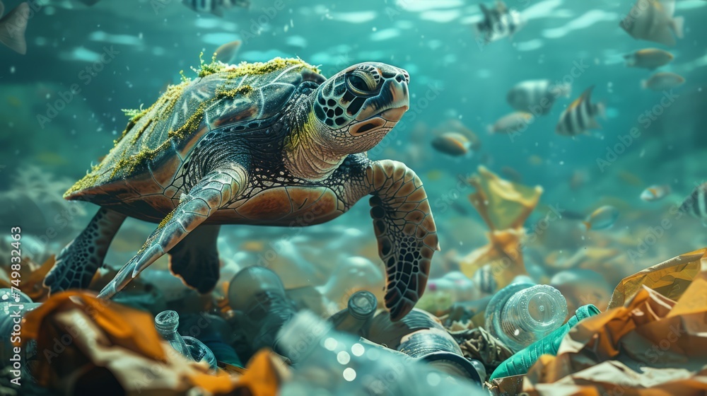 Turtle in polluted water. Ocean plastic pollution. Ecological ...