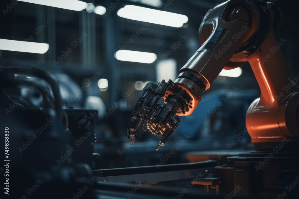 Precise robotic manipulator machine welding hand at factory's assembly ...