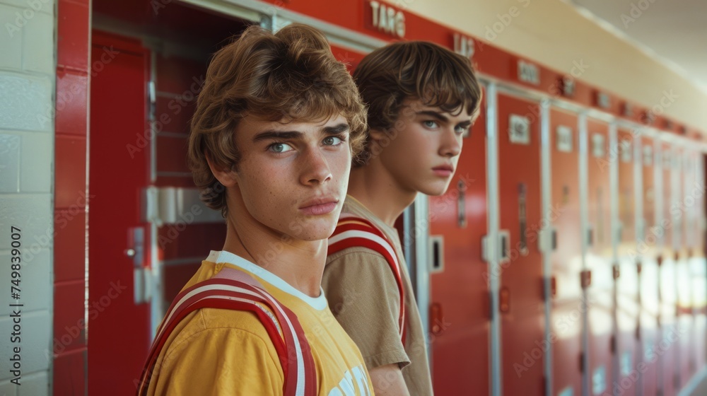 High School Students Leaning Against Lockers in a Corridor, Reflecting ...