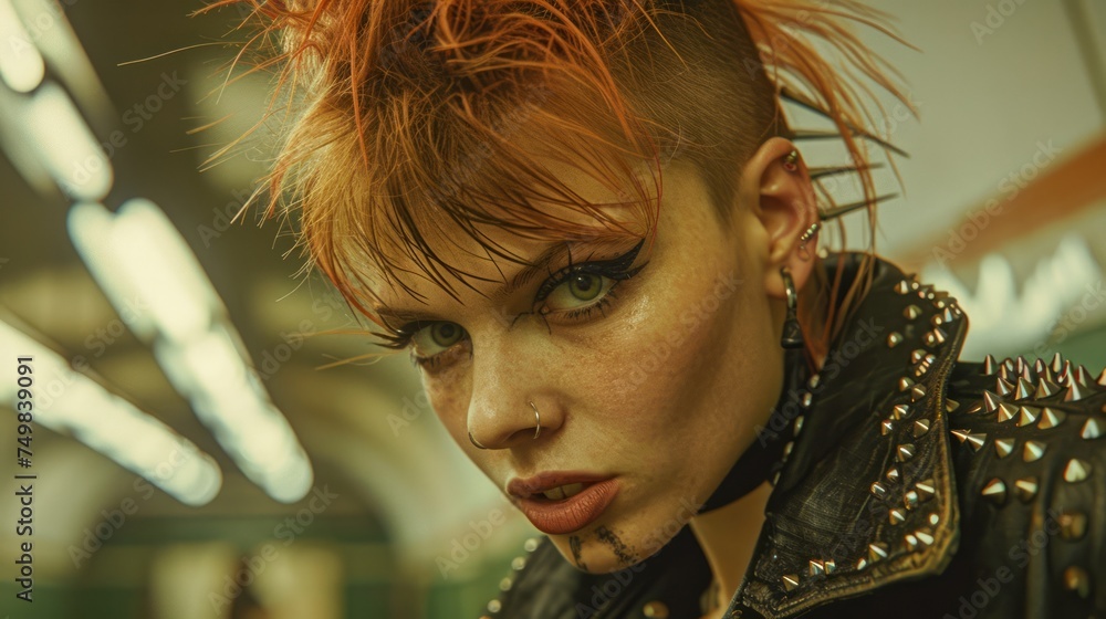 Edgy Punk Fashion Model with Orange Spiky Hair and Piercings in Urban ...