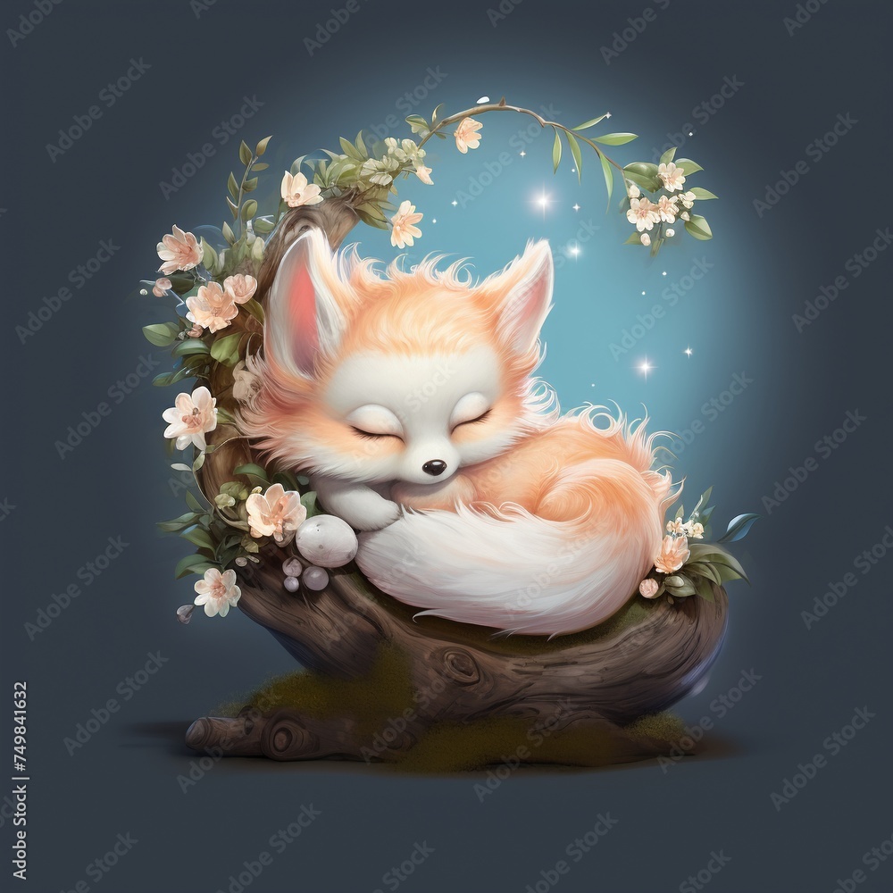 Serene fox curled up under a moonlit tree its dreams sending messages ...