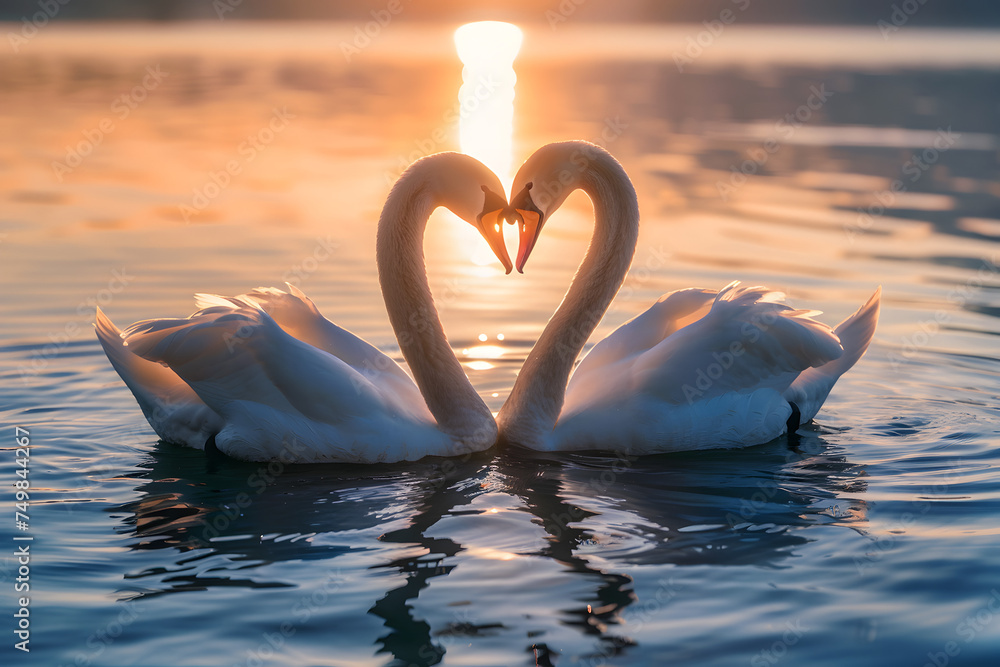 Heart shape of love symbol from the neck of two white swans. kiss each ...