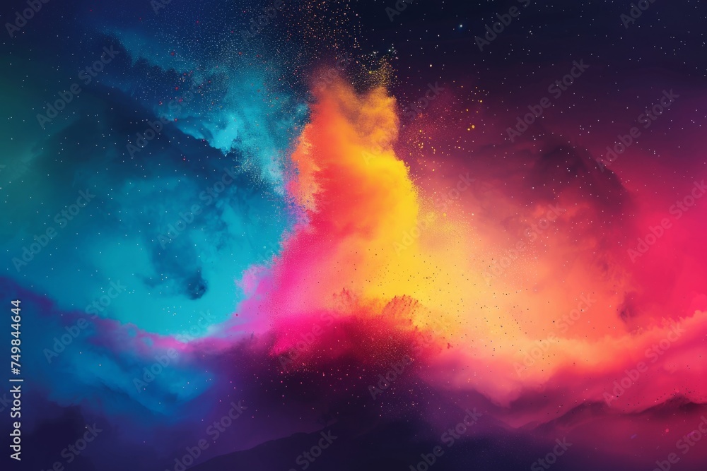 Colors of May, abstract background with powder in blue, yellow, orange ...