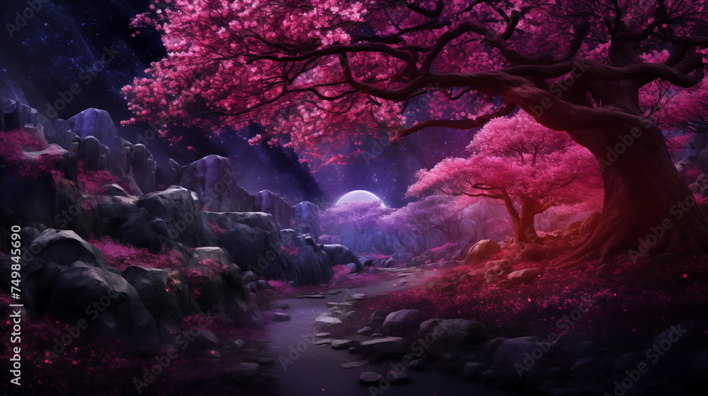 wallpaper of sakura tree at night time, sakura forest at night time background Stock ...