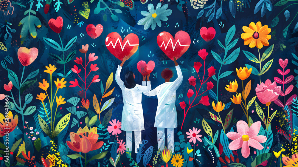 Medical personnel hold hearts on a floral background, expressing ...