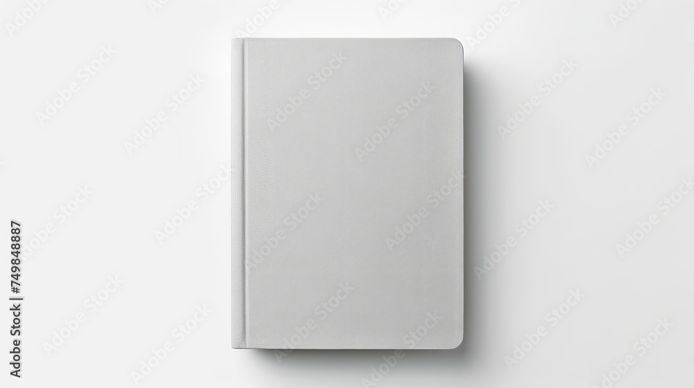 From a top view, a blank hardcover book with a light gray fabric cover ...