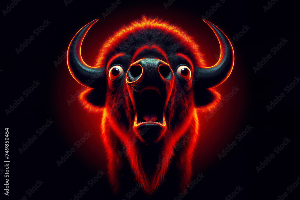 Shocked angry buffalo bison with a ring in his nose with bulging eyes ...