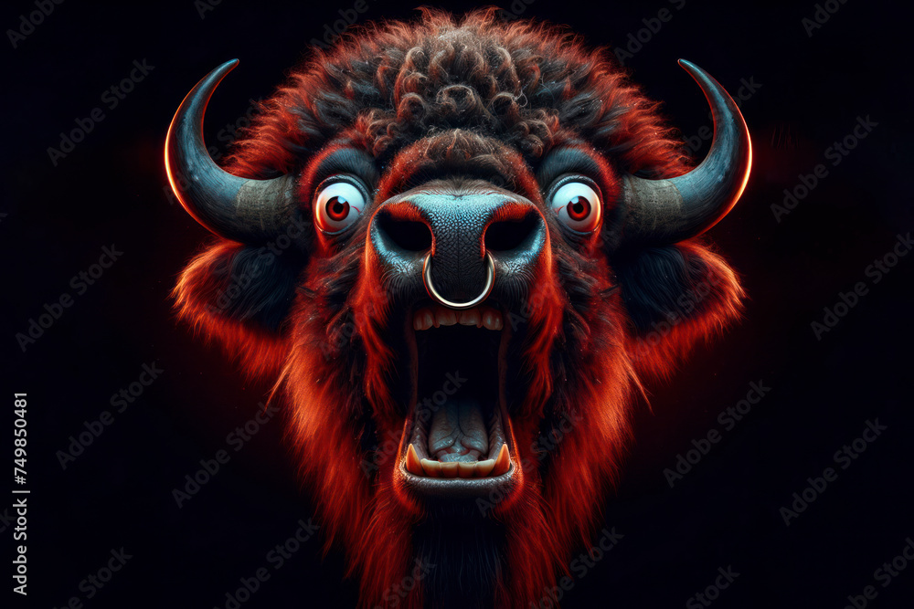 Shocked angry buffalo bison with a ring in his nose with bulging eyes ...