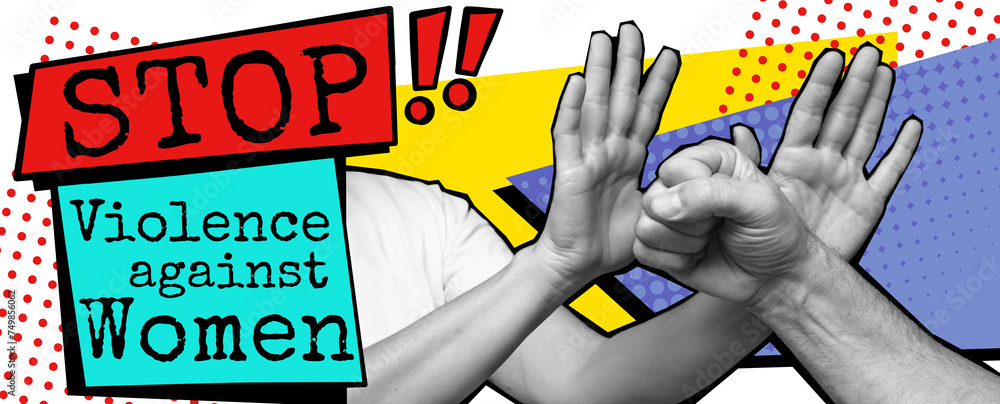 Stop violence against women. Woman holds up hands in selfdefense ...