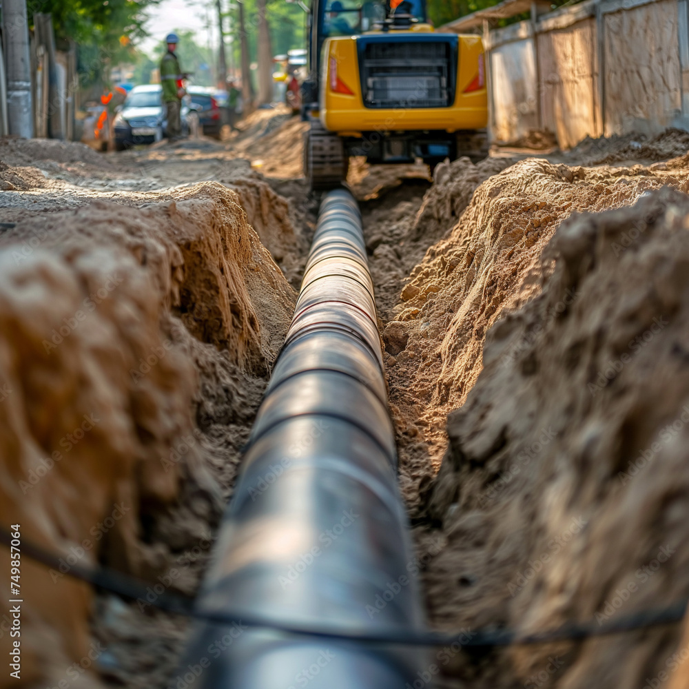 Underground water pipeline installation in trench, infrastructure ...