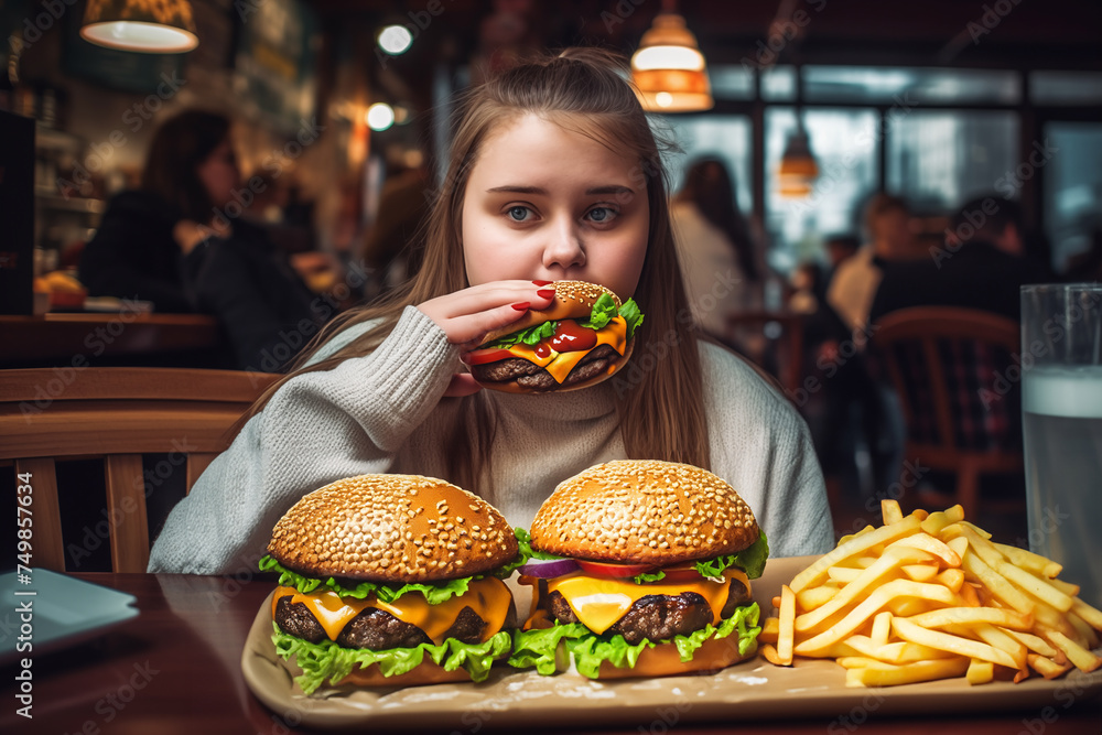 Fat girl eating hamburger in fast food restaurant. A girl with an obese ...
