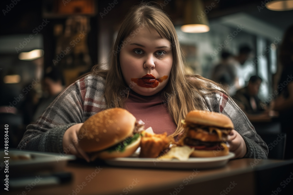 Fat girl eating hamburger in fast food restaurant. A girl with an obese ...