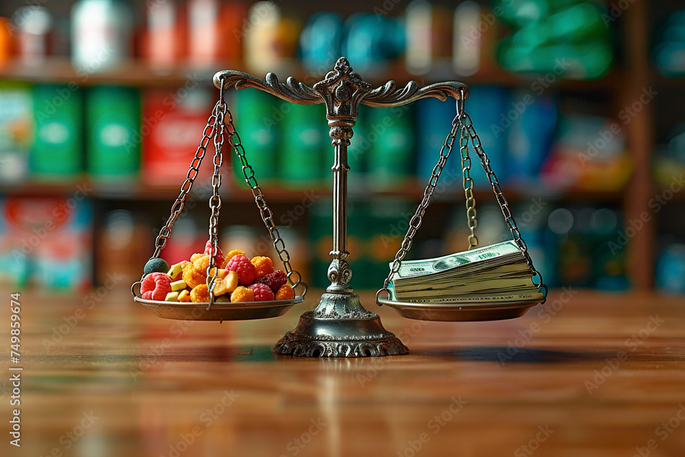 Scale with currency symbols outweighing everyday food, depicting the ...