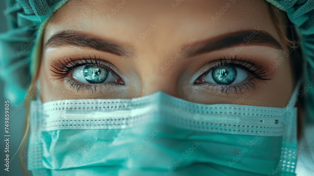 Detailed close-up of a medical worker's blue eyes, framed by a teal ...