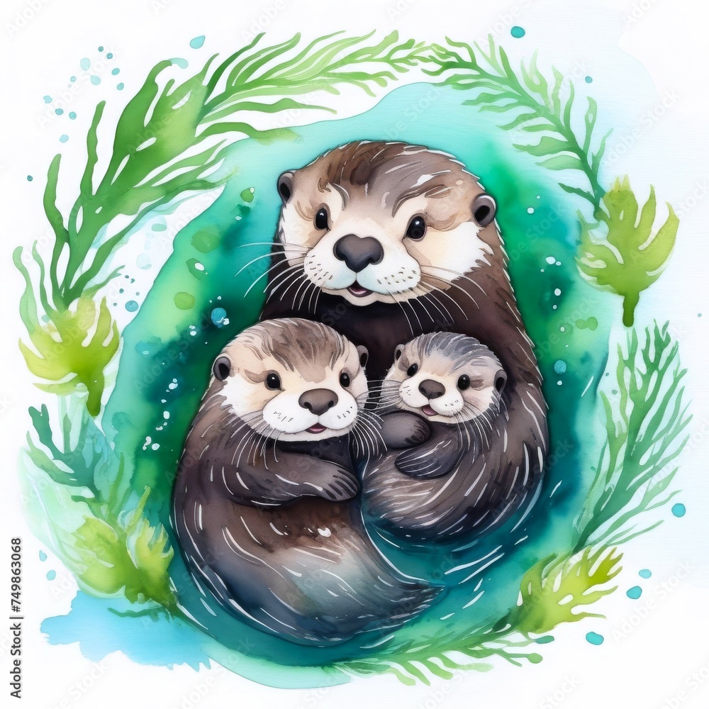 sea otter mom and two baby otters in seaweeds wreath against white background, watercolor ...