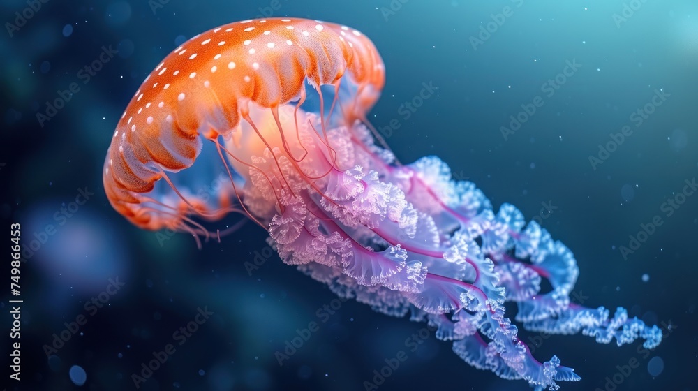 a close up of a jellyfish on a blue and purple background with a blurry ...