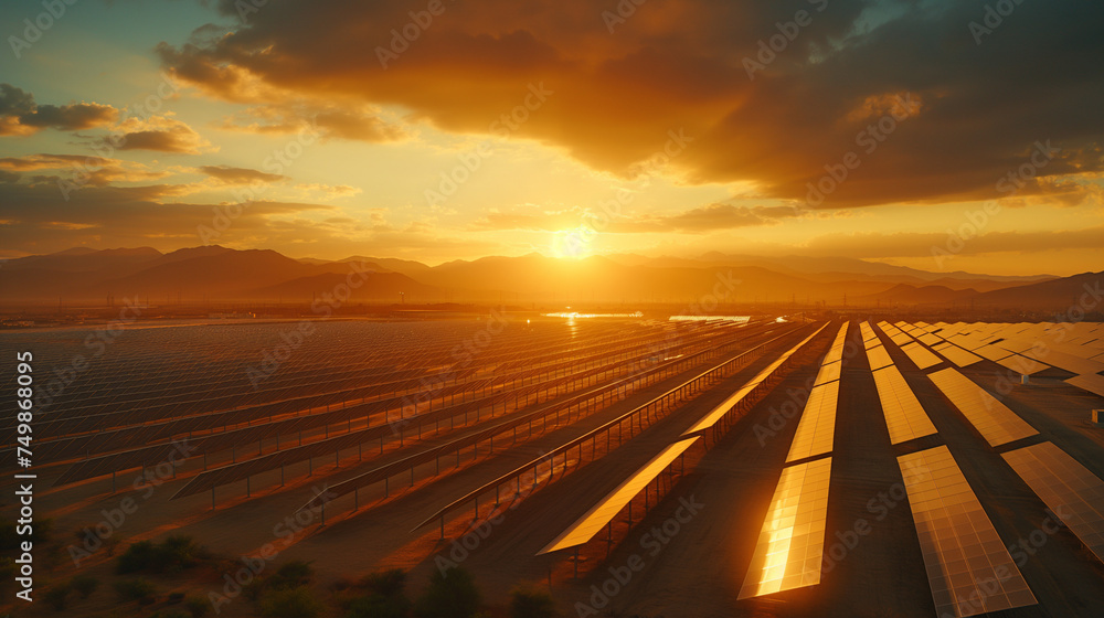 Solar Energy Harvest at Dusk Solar panels amidst a field of wildflowers ...