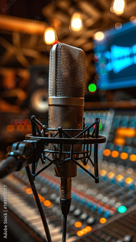 Round microphone and sound wave visualization in a vocal booth key ...