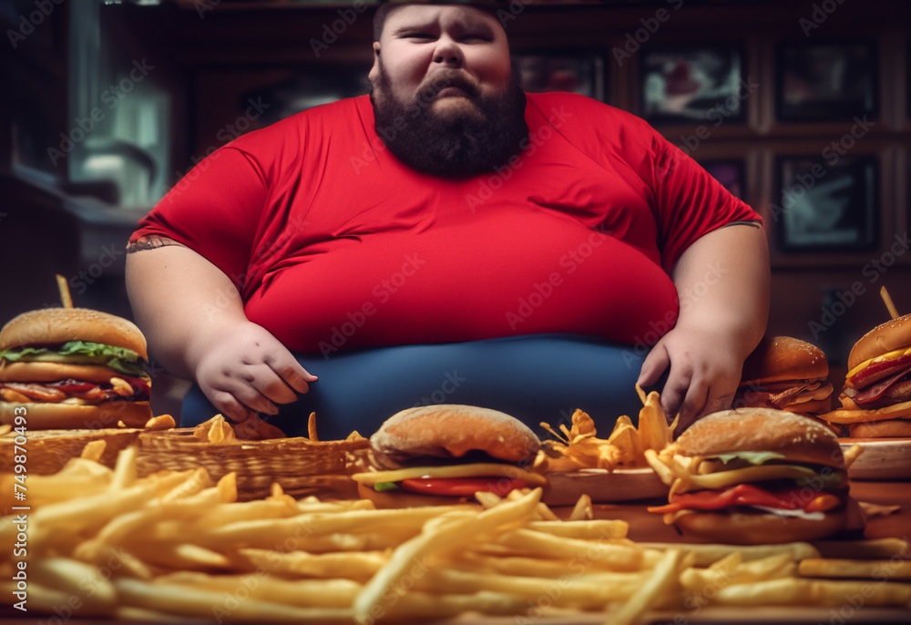 Fat man eating hamburger in fast food restaurant. Man with an obese ...