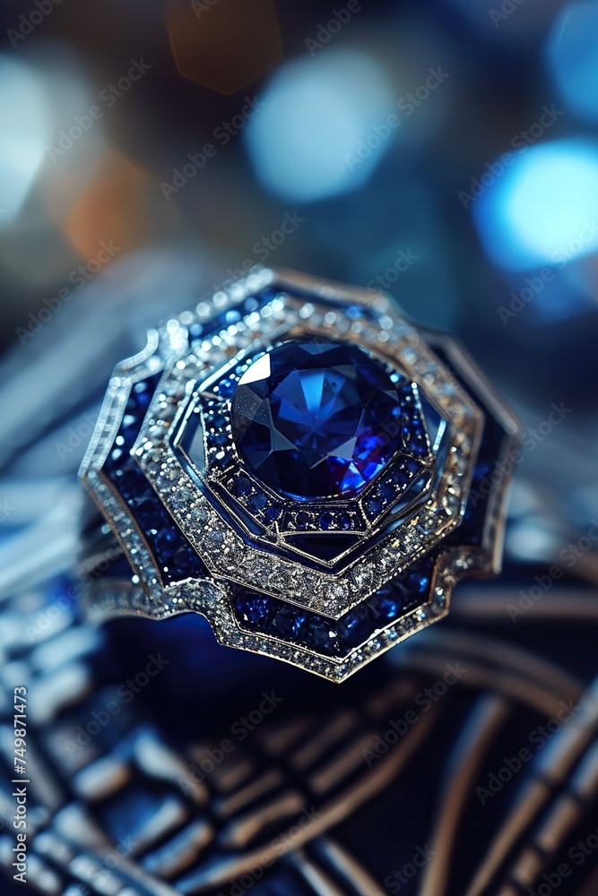 Jewelry ring with blue sapphire on bokeh background. A close-up of a ...