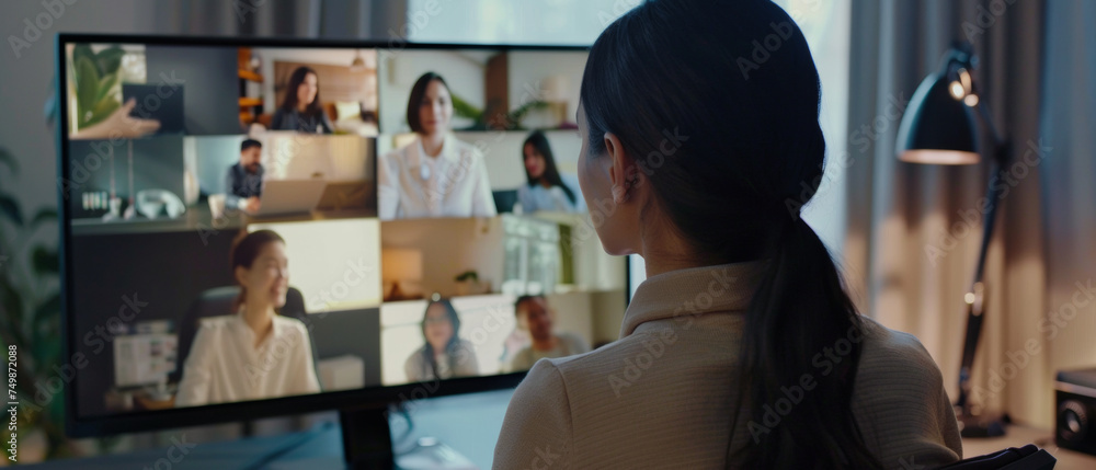 Woman in a remote work meeting with diverse colleagues on a screen ...