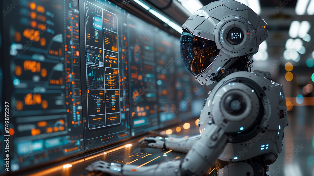 A humanoid robot operates a complex digital interface in a high-tech ...