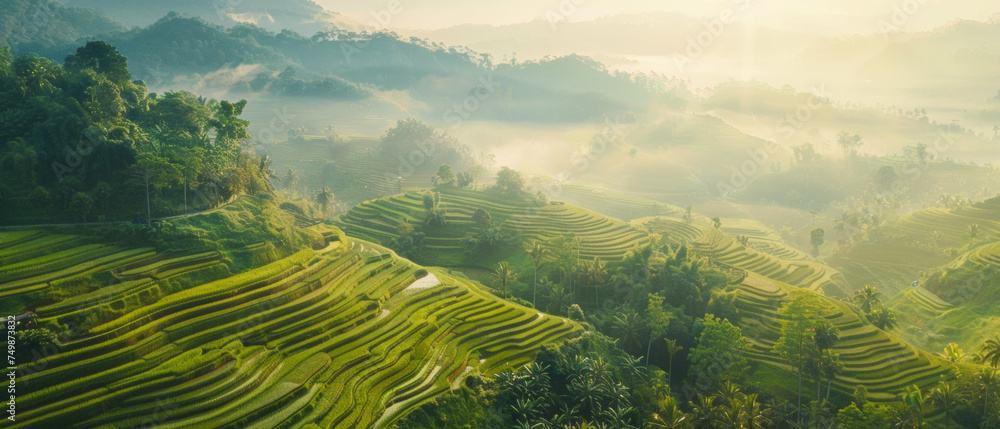 Dawn breaks over verdant rice terraces, mist weaving through the ...