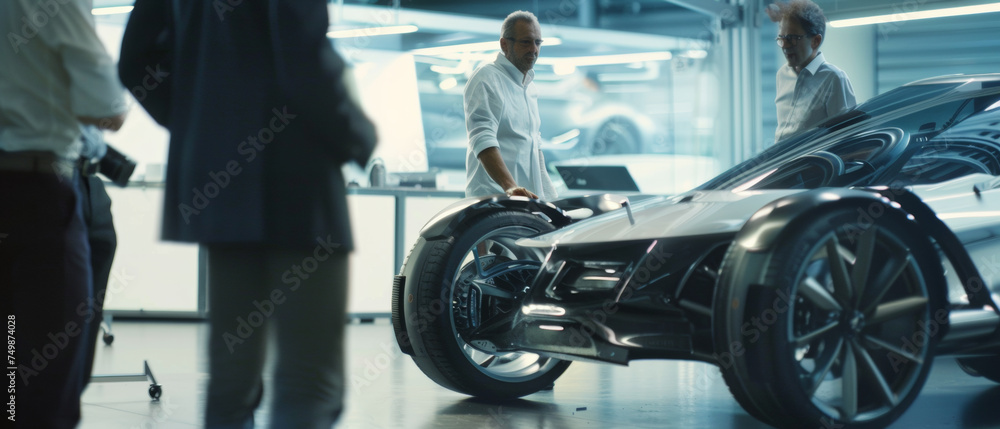 Engineers discuss technical details over a sleek futuristic car design ...