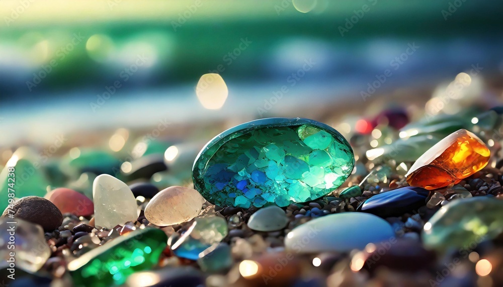 colorful gemstones on a beach polish textured sea glass and stones on ...