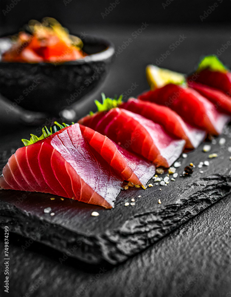SASHIMI DE ATUM, FILÉ CRU DE ATUM EM UM CONCEITO DE COMIDA ORIENTAL OU ...