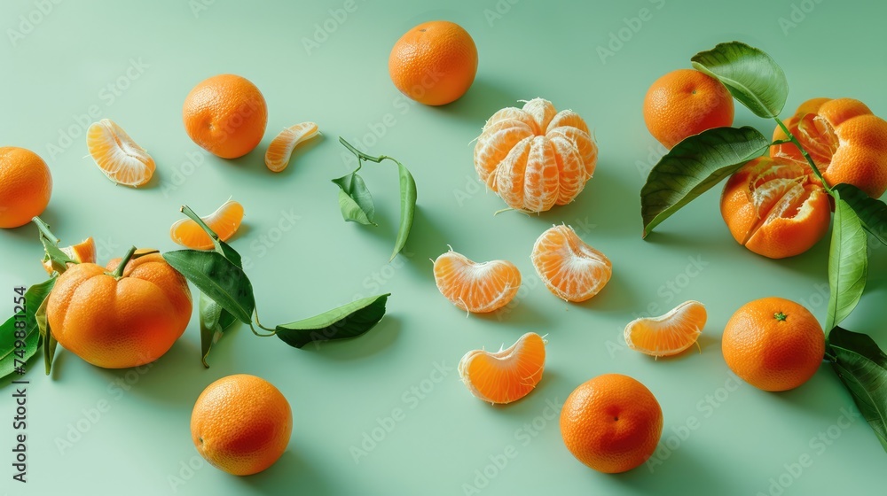 Fresh tangerines with leaves and peeled segments arranged on a pastel ...