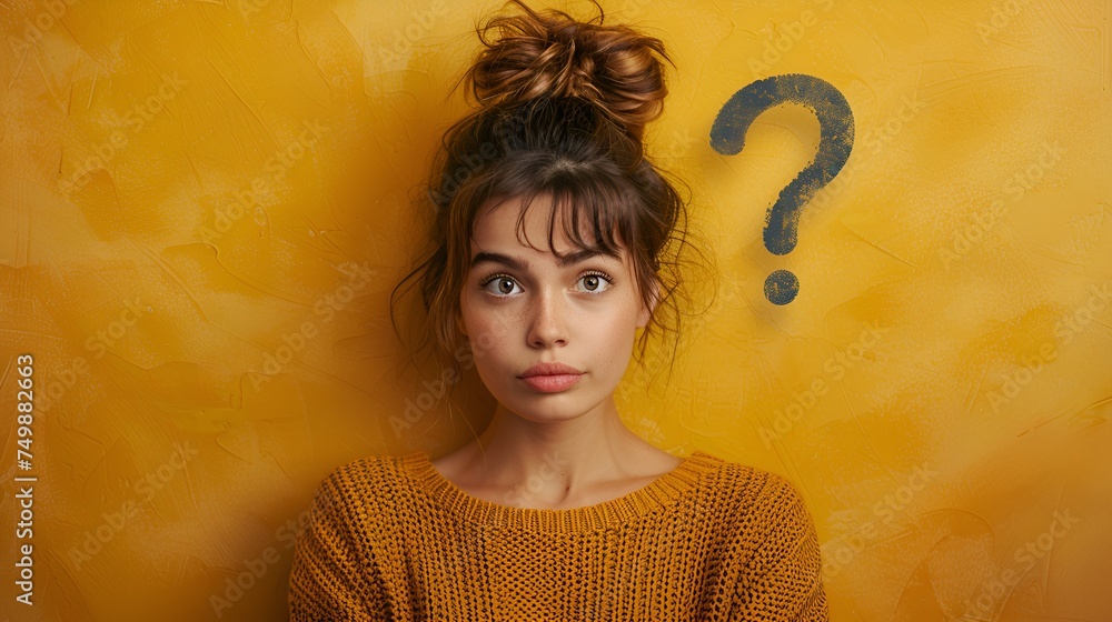 A thinking, questioning, wondering brunette woman with a question mark ...