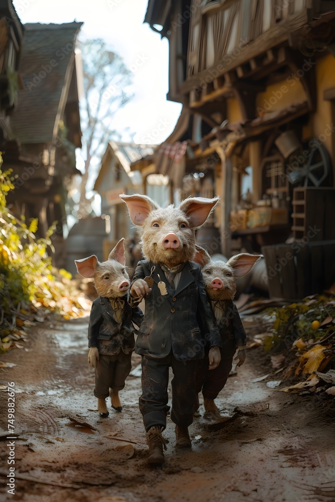 Three humanized piglets in suits carrying the keys to a house in a ...