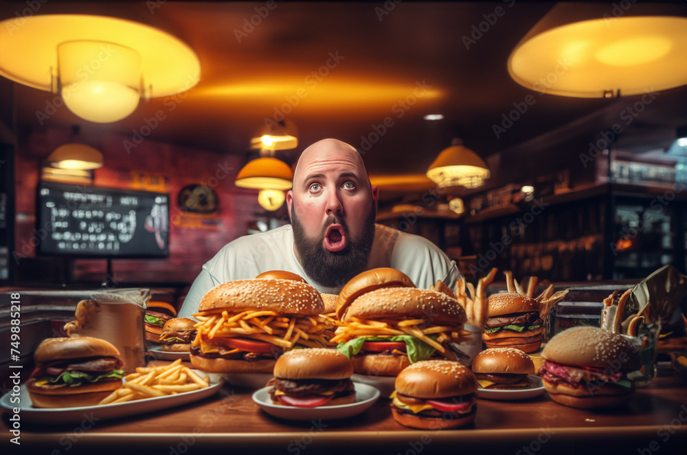 Man eating hamburger in fast food restaurant. Man with an obese body ...