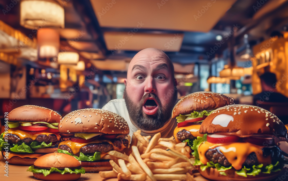 Fat man eating hamburger in fast food restaurant. Man with an obese ...