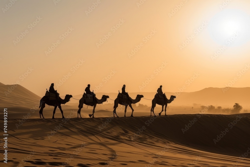 Silhouette people riding camels in desert native tuareg arabic african ...
