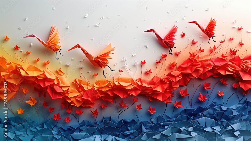 Paper art scene with origami cranes taking flight above crested waves ...