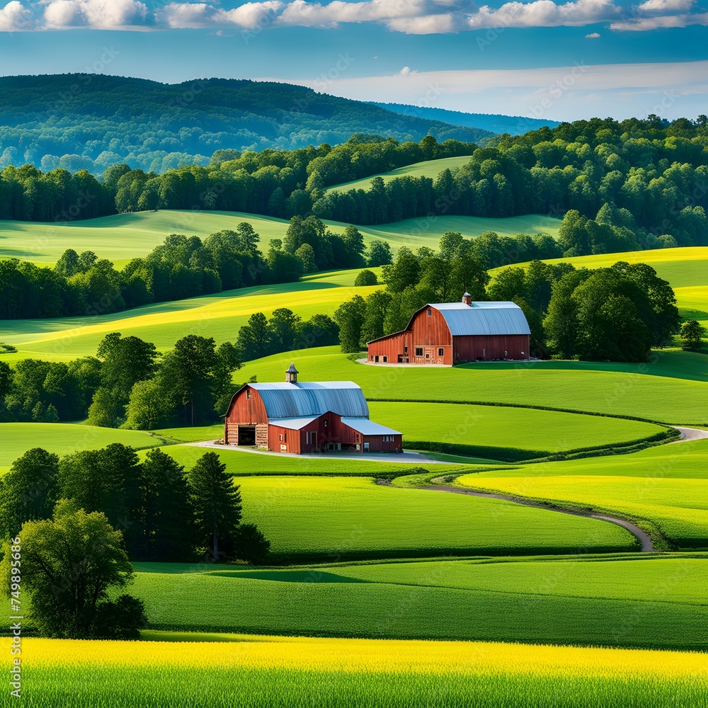 Peaceful countryside scenes with rustic barns, fields of crops, and ...